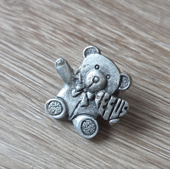 Jewelry | Vintage Silver Toned Pewter Tiny Bear Jesus Heart Pin Super ...